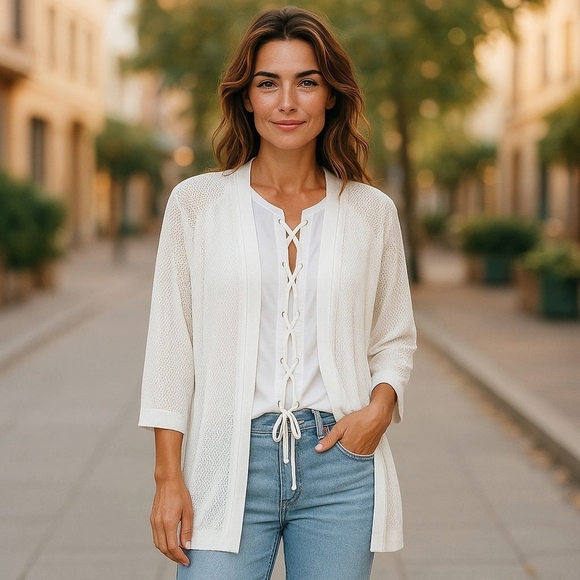 Chico's | Sweaters | Chicos Travelers White Lace Back Long Open White ...